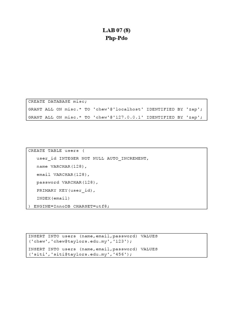 Lab07 (8)-PHP05-PDO-Connect V1.01 - updated | PDF | Databases | Php Lab07 (8)-PHP05-PDO-Connect V1.01 - updated | PDF | Databases | Php