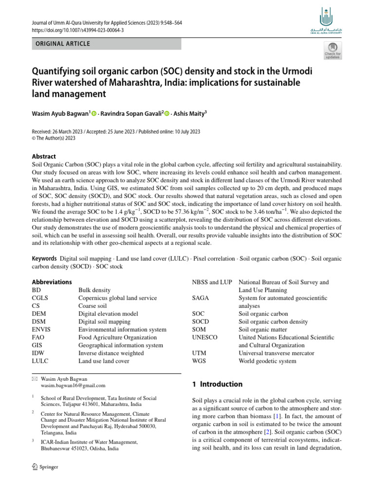 Quantifying Soil Organic Carbon (SOC) Density and Stock in The Urmodi ...