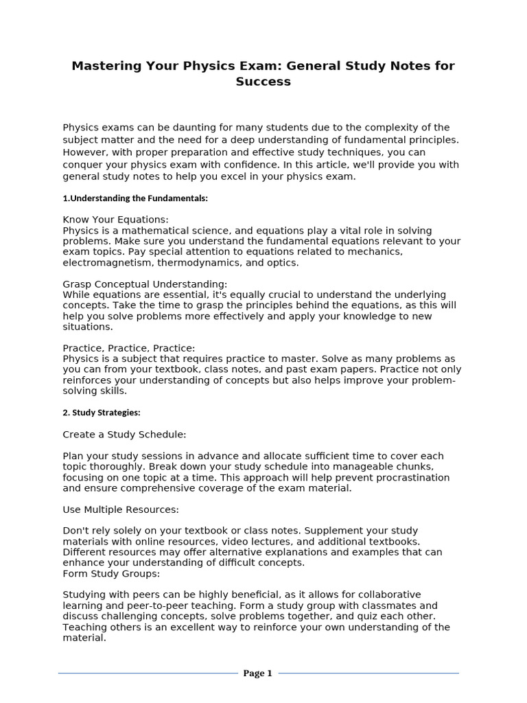 Effective Physics Exam Study Guide Pdf Physics Concept