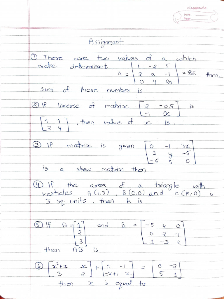 Matrix and Determinant CUET Level Assignment. | PDF | Matrix Theory | Linear Algebra