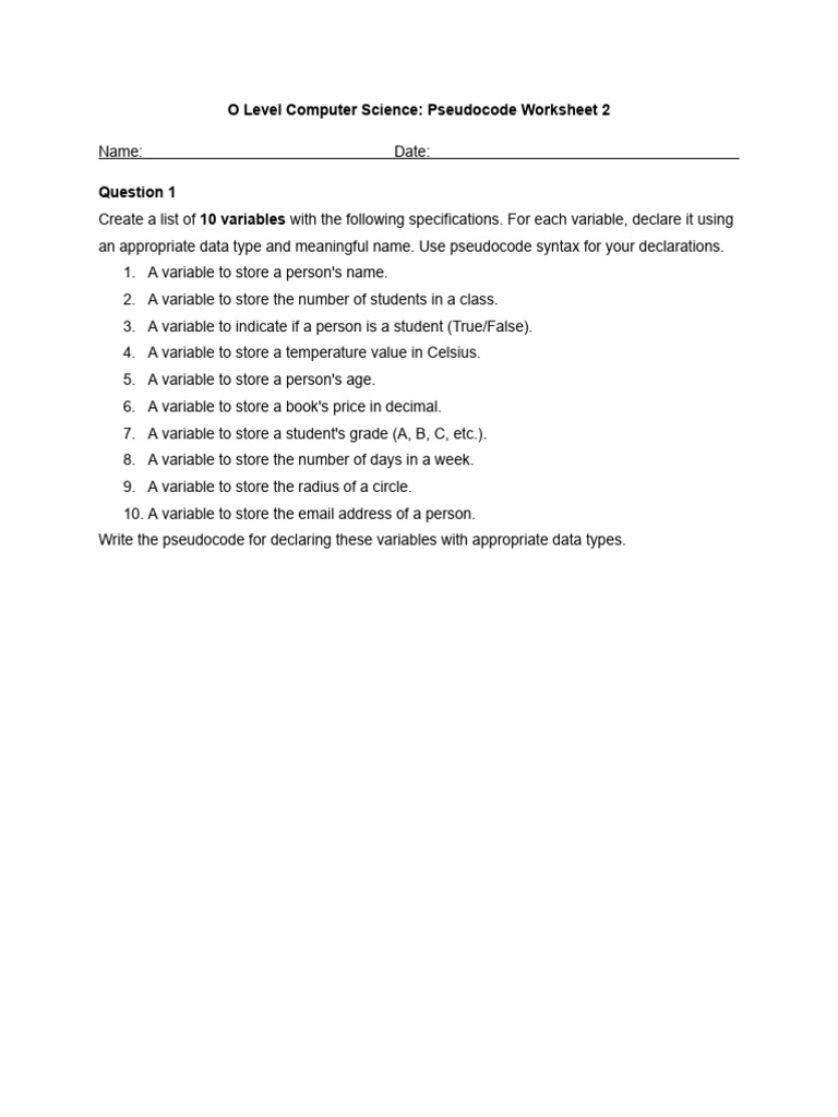OL Pseudocode - WS2 | PDF | Data Type | Numbers