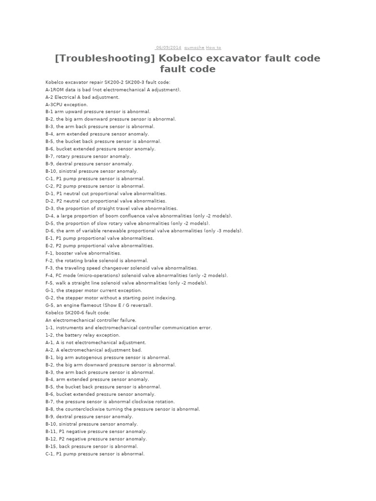 Kobelco Excavator Fault Codes Guide | PDF | Throttle | Fuel Injection