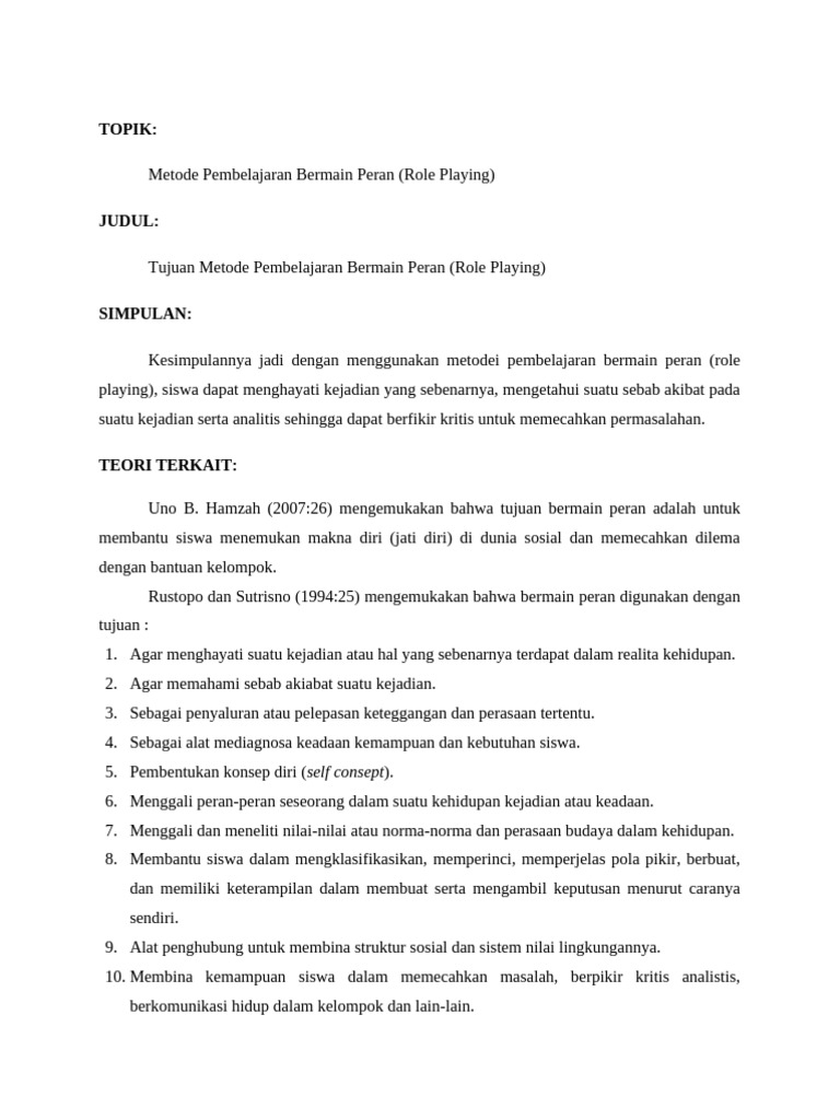 Tujuan Metode Pembelajaran Bermain Peran (Role Playing) | PDF