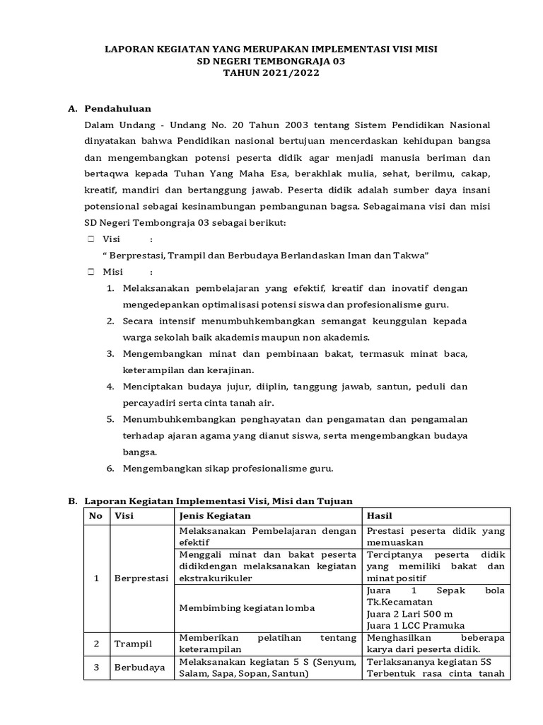 Laporan Kegiatan Implementasi Visi Misi | PDF