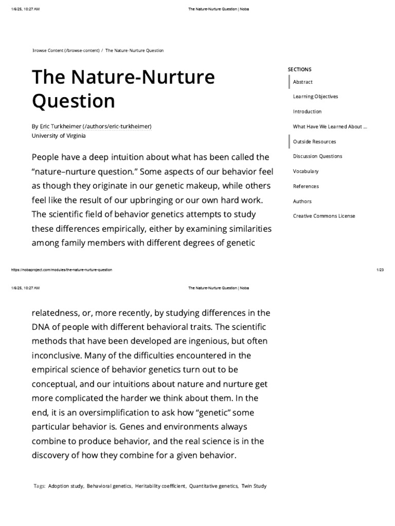 The Nature-Nurture Question - Noba | PDF | Nature Versus Nurture | Twin