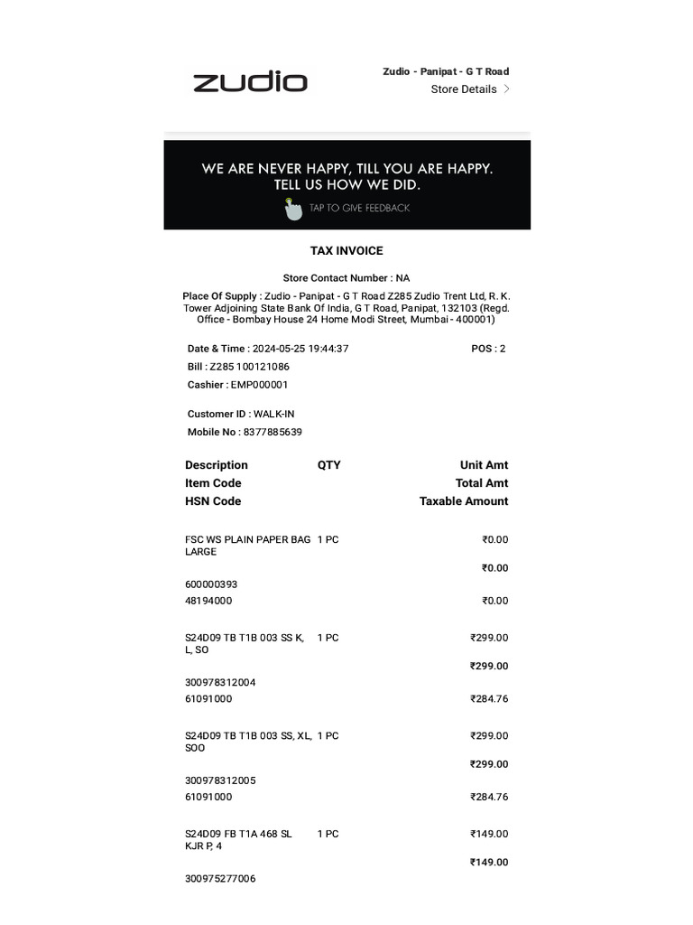 Zudio bill | PDF | Payments | Taxation