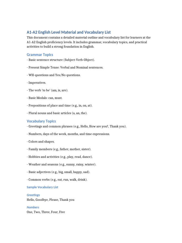 A1 A2 English Material and Vocabulary | PDF
