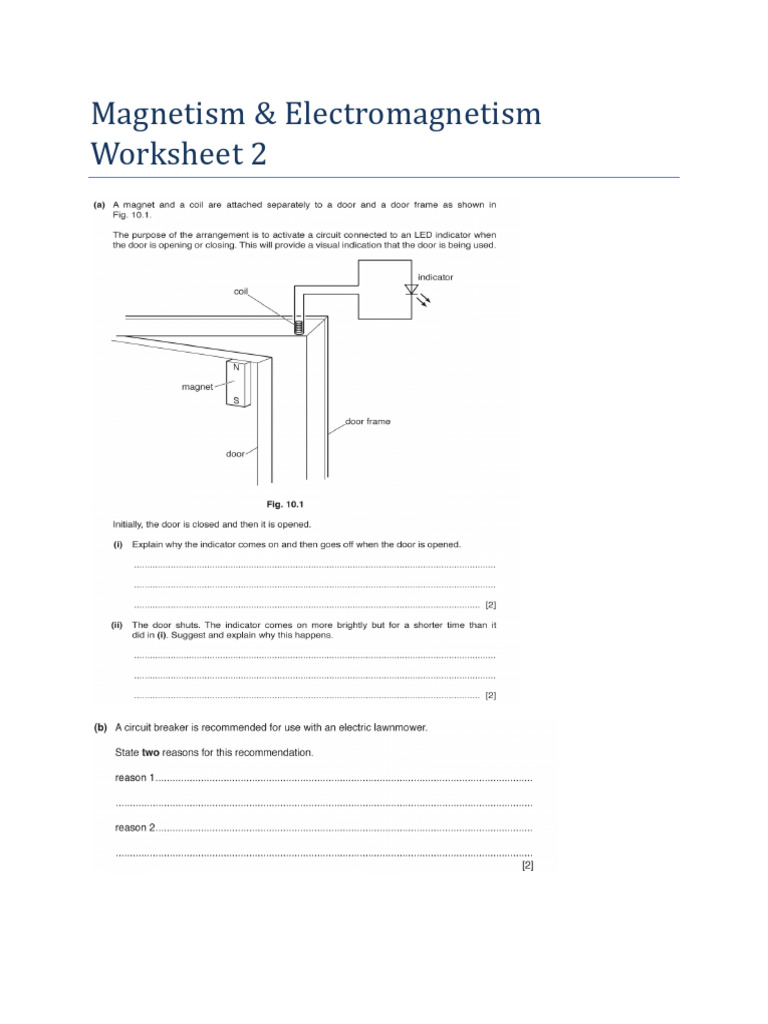 Magnetism and Electromagnetism Worksheet 2 | PDF