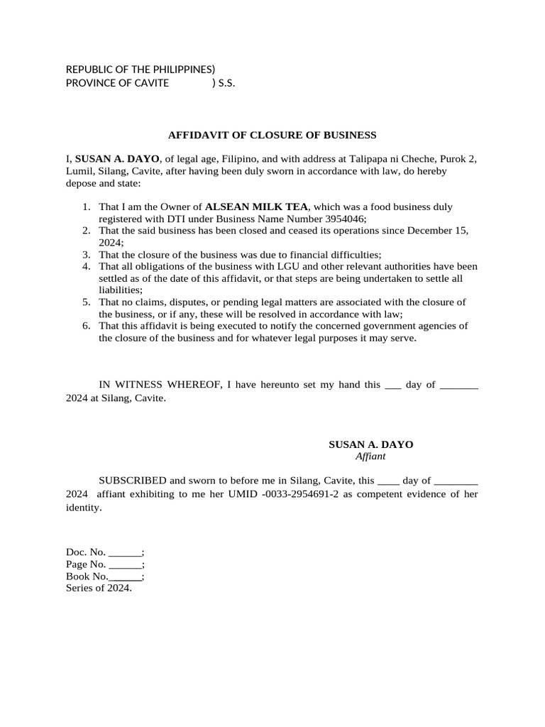 Affidavit of Business Closure in Cavite | PDF