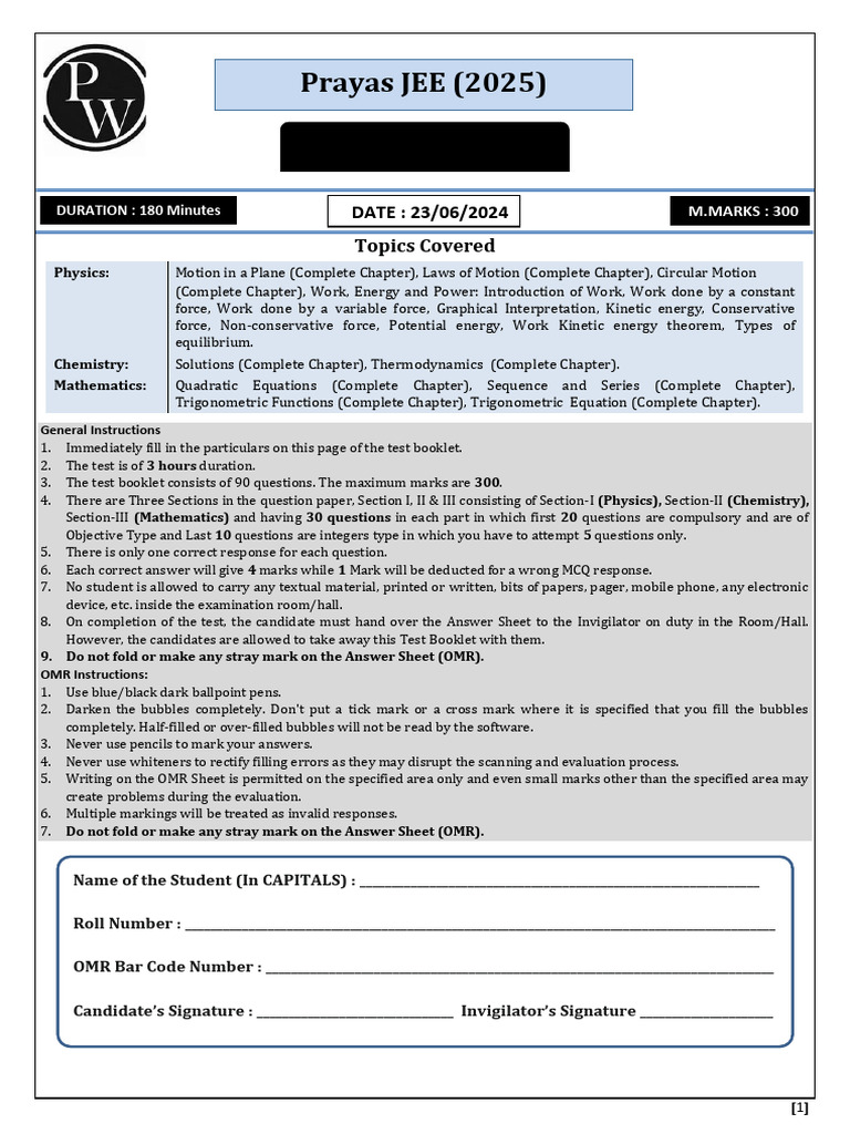 Practice Test 02 _ Test Papers (PCM) __ Prayas JEE 2025 | PDF | Force ...