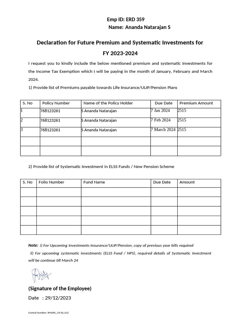 Declaration For Future Premium and Systematic Investments For FY 2023-2024 | PDF