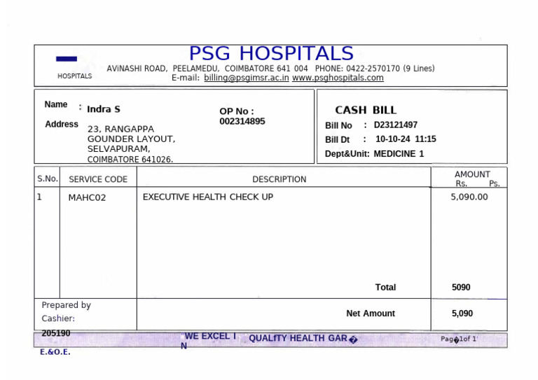 Indra S - Health Checkup Receipt | PDF