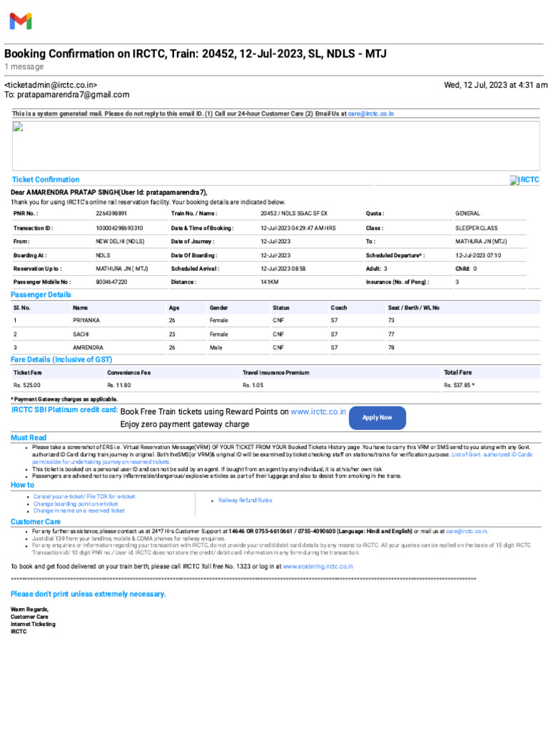Gmail - Booking Confirmation on IRCTC, Train_ 20452, 12-Jul-2023, SL, NDLS - MTJ | PDF | Credit ...