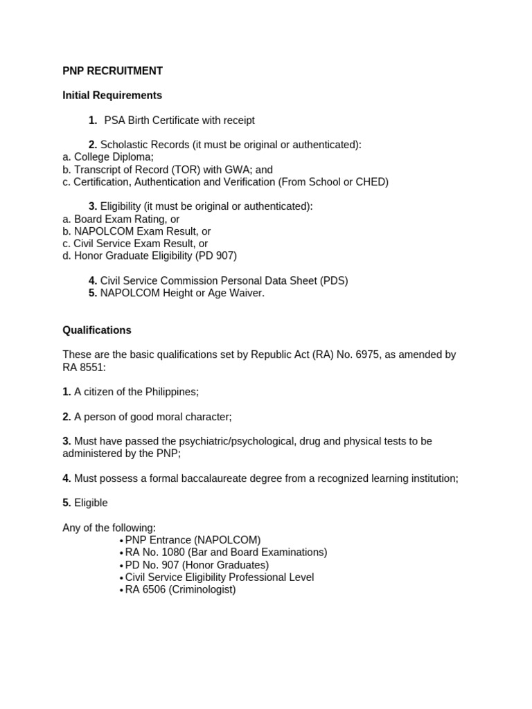 PNP Recruitment and Requirements | PDF