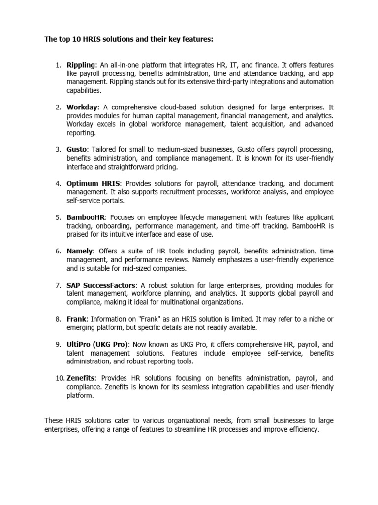 The Top 10 HRIS Solutions and Their Key Features | PDF | Information ...