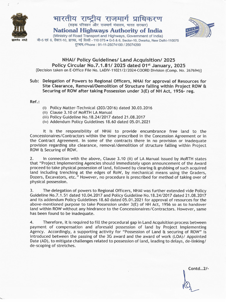 7.1.18 Delegation of Powers to Regional Officers, NHAI for approval of Resources for Site ...