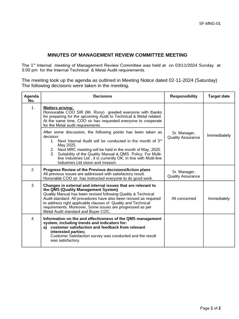 Internal Management Review Meeting | PDF | Audit | Quality Management ...