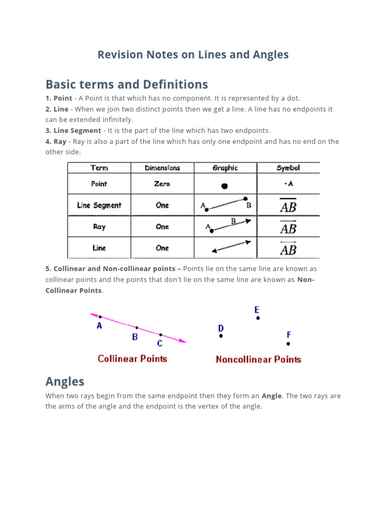 Revision Notes On Lines And Angles Pdf Angle Mathematics