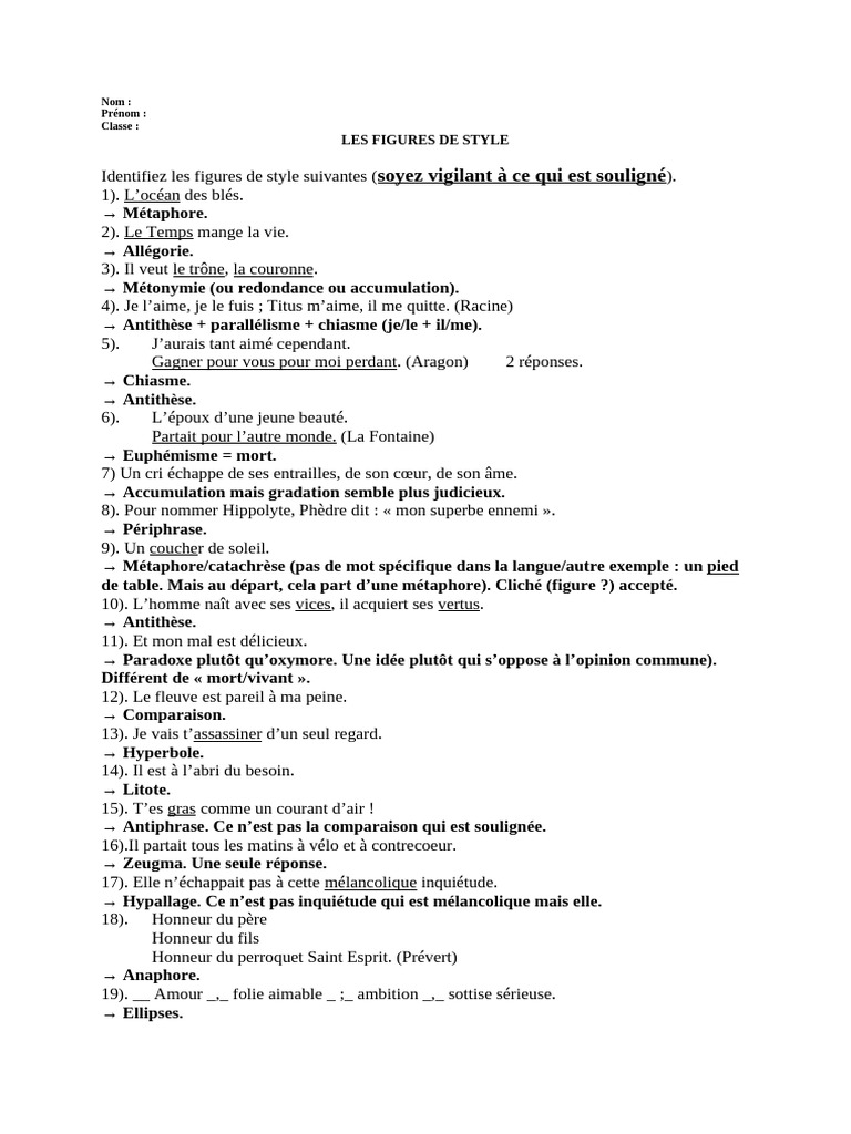 LES FIGURES DE STYLE 2 CORRIGE 3 | PDF | Métaphore | Techniques de ...