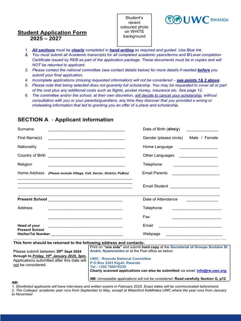 UWC Application Form 2025 2027 Sections A To G.340281270 | PDF