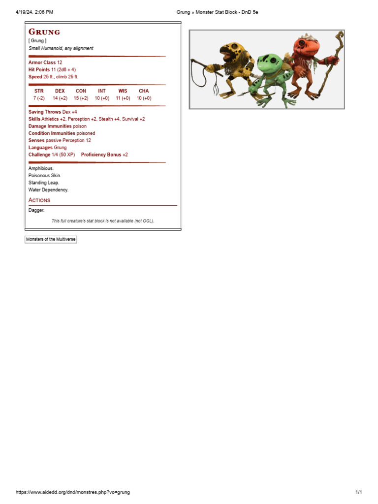 Grung 5E Stat Block Overview | PDF