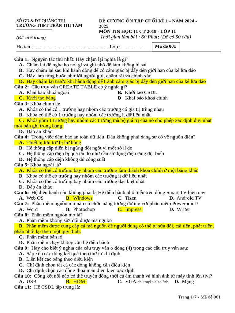 De Cuong Cuoi Ki 1 Tin 11 2024 | PDF