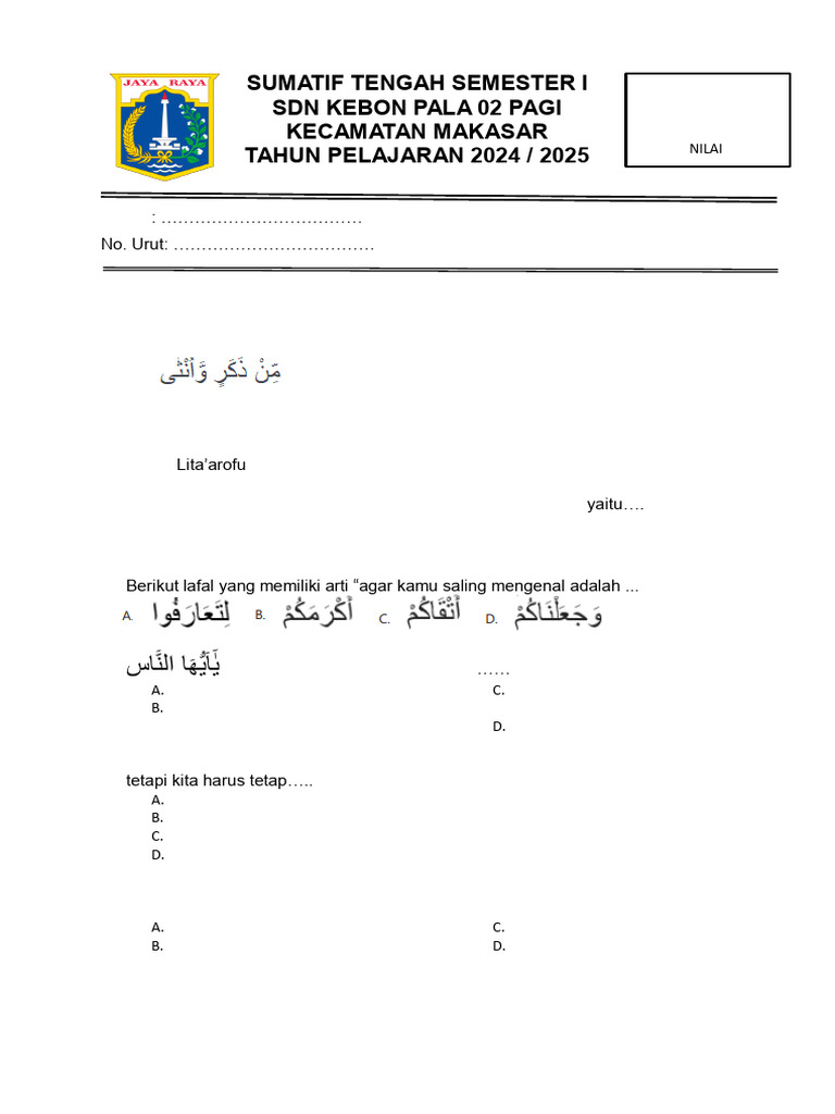 Soal PAI Kelas 4 SD Semester 1 | PDF