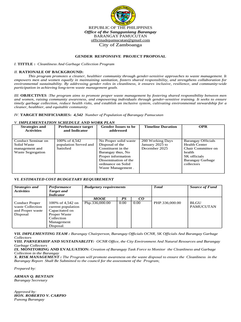 GENDER RESPONSIVE PROJECT PROPOSAL Cleanliness | PDF | Waste Management ...