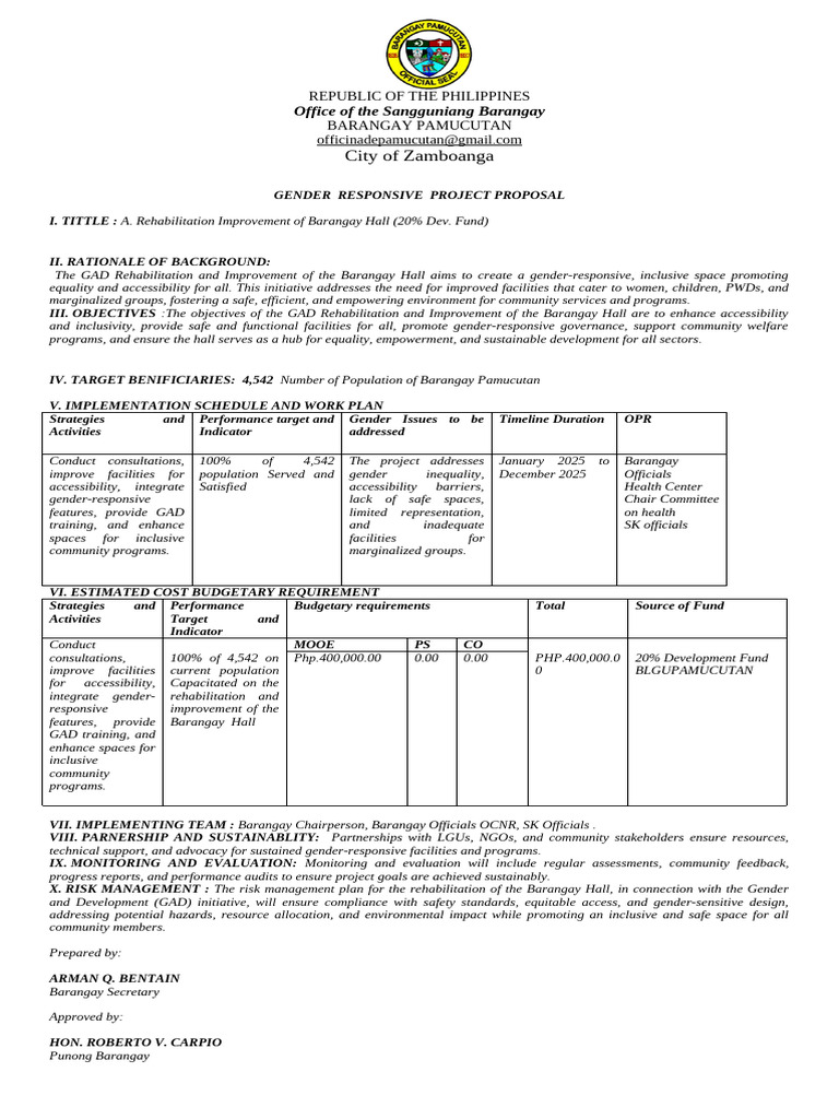 Gender Responsive Project Proposal For Rehabilitation Barangay Hall ...