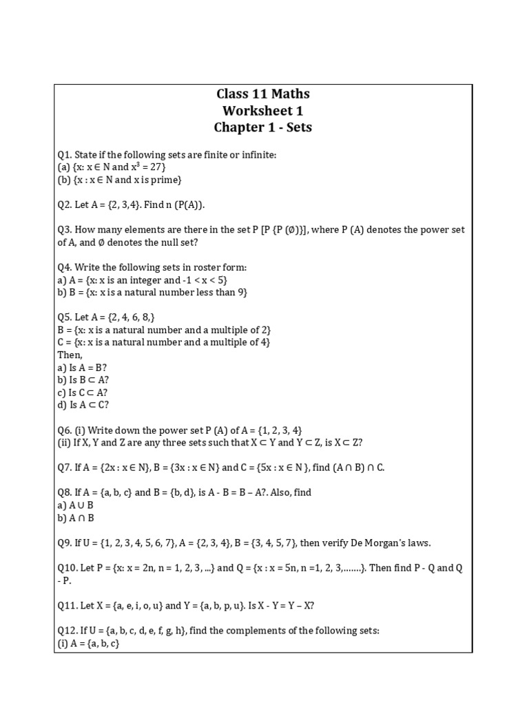 Class 11 Maths Worksheet on Sets | PDF
