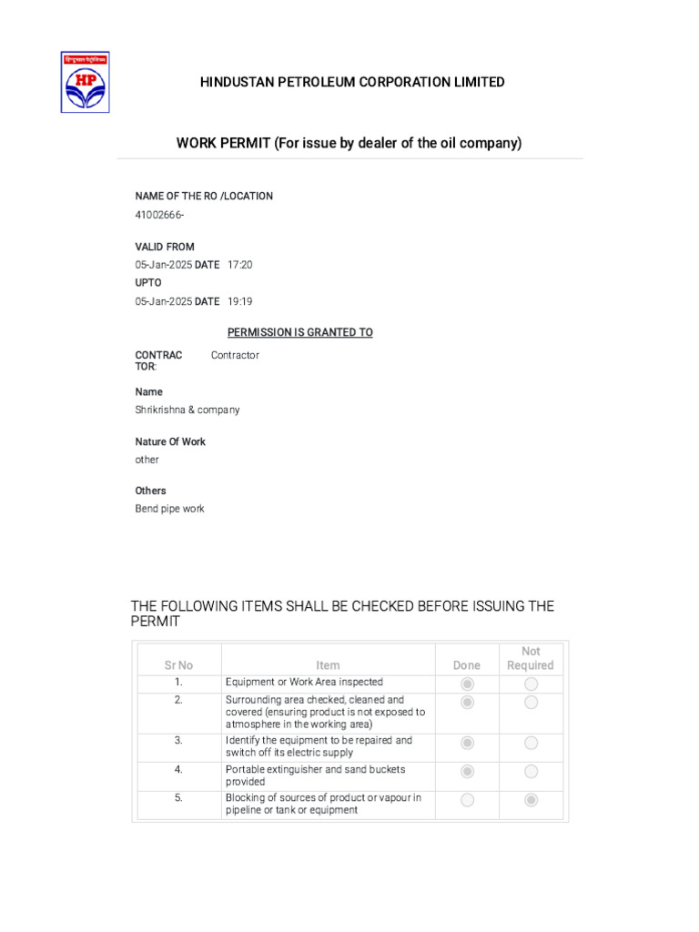 HPCL Work Permit Checklist Template | PDF