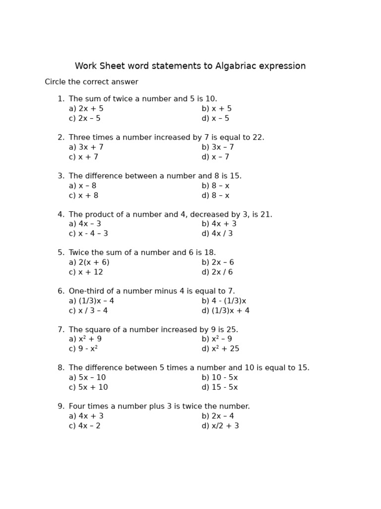 Work Sheet Word Statements To Algabriac Expression | PDF