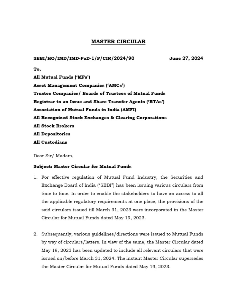 SEBI Master Circular: Mutual Funds 2024 | PDF | Securities (Finance) | Mutual Funds