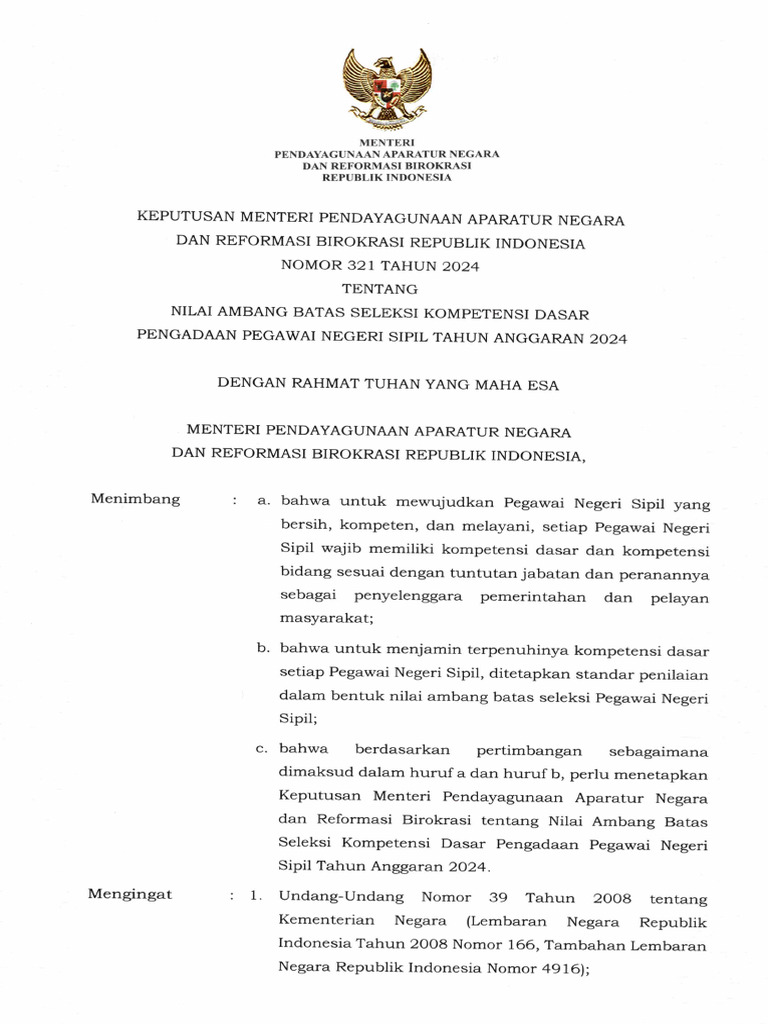 KEPMENPANRB No 321 2024 Tentang Nilai Ambang Batas SKD Pengadaan PNS TA 2024 | PDF