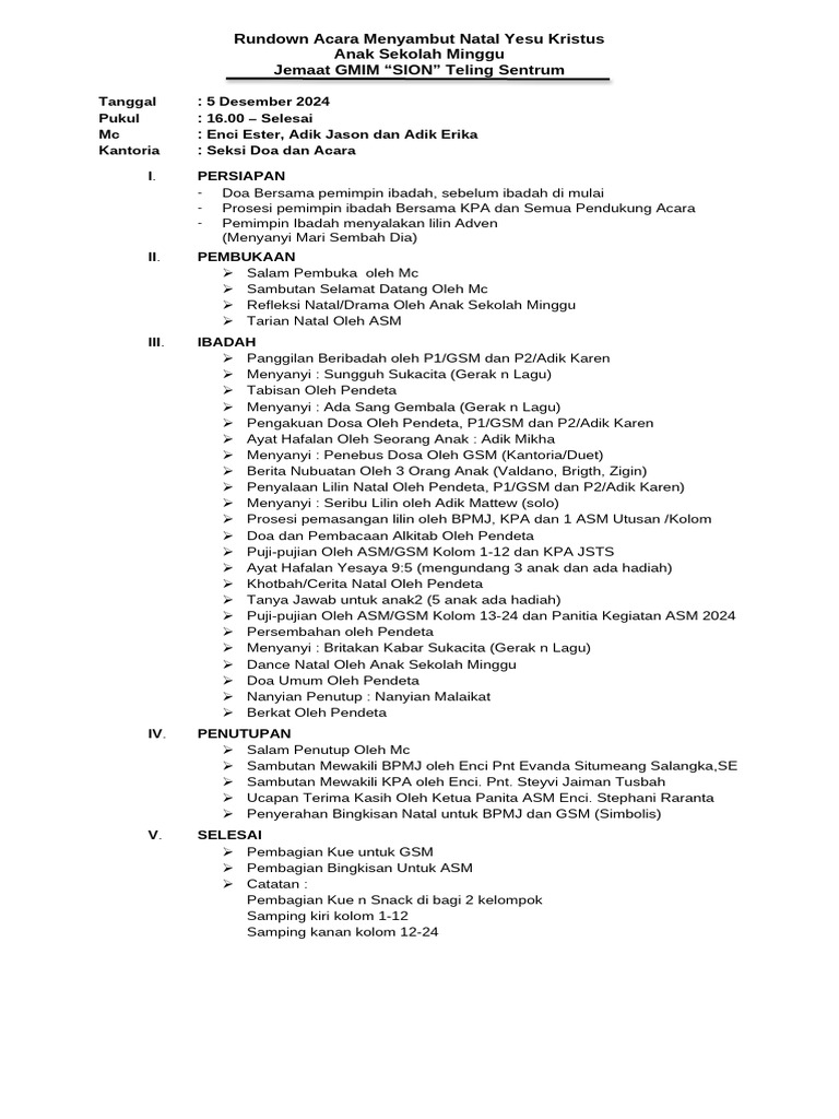 Rundown Acara Natal Sekolah Minggu 2024 | PDF