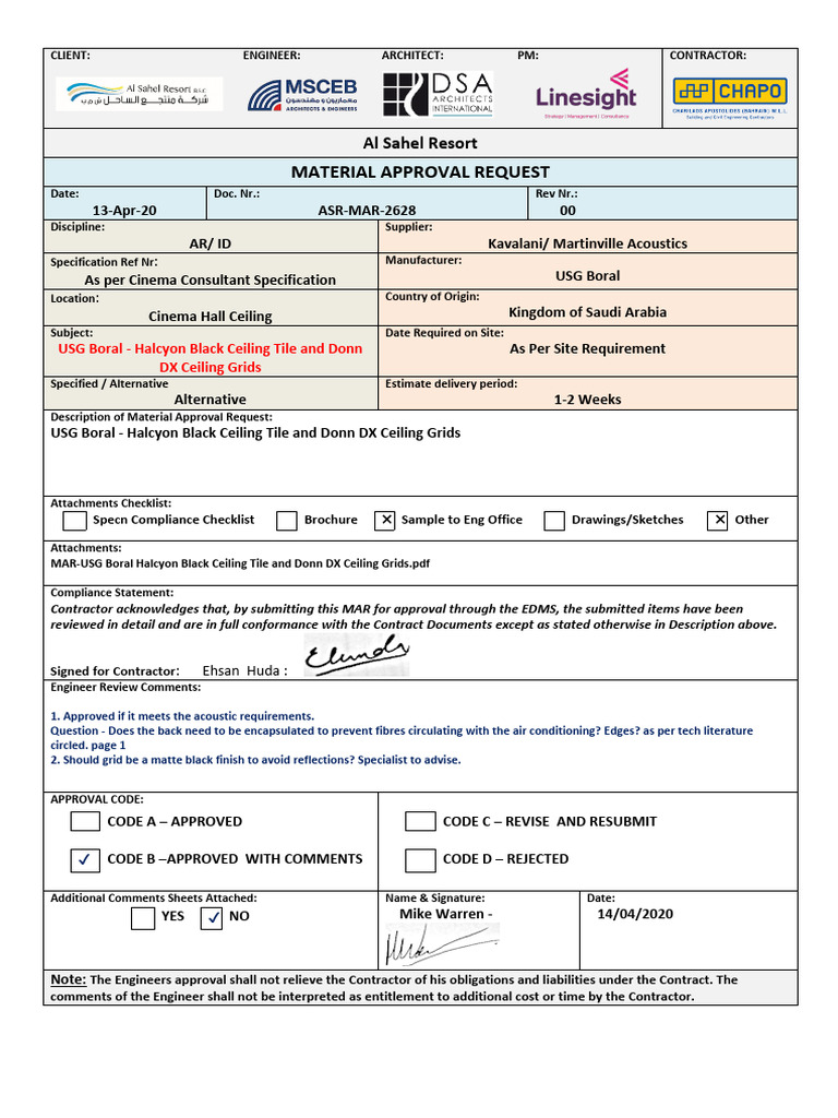 Material Approval Request for Ceiling Tiles | PDF | Specification ...