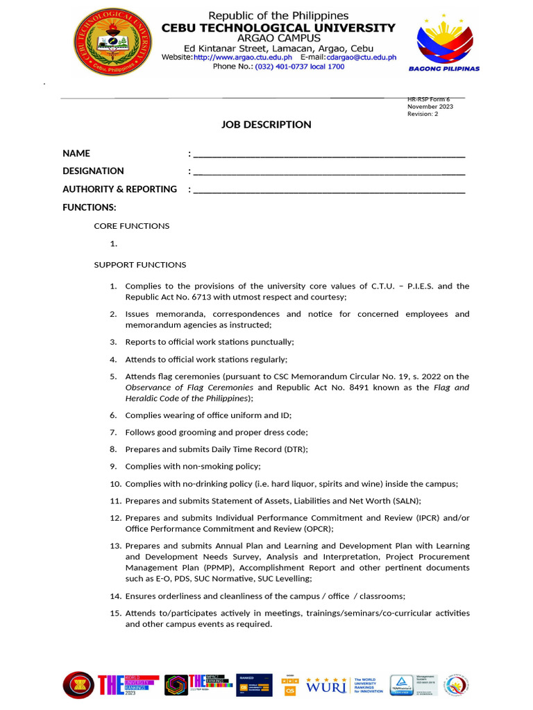 REFERENCE Sample Job Description Form With Support Functions | PDF