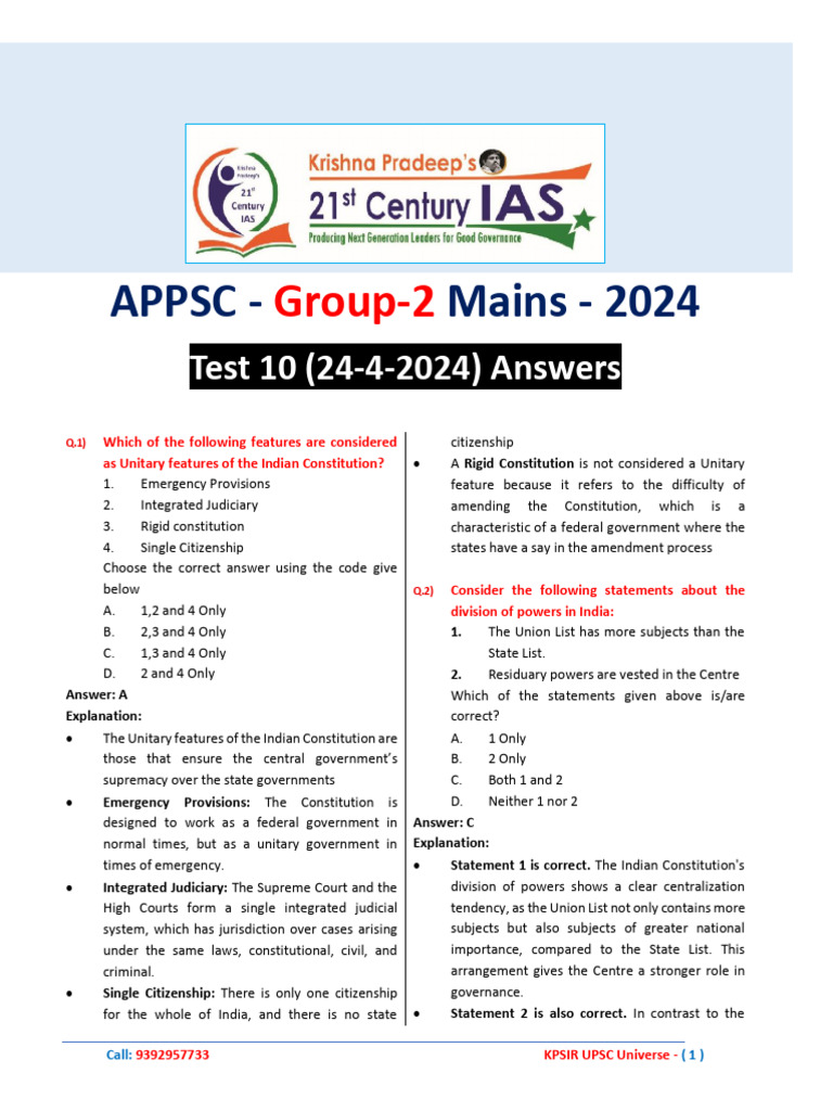 Gr-2 AP Mains - 10 EM Ans (24-04-2024) . | PDF | Constitutional Law | Government
