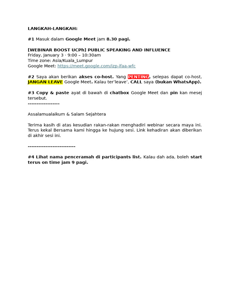 Skrip Emcee Webinar PUBLIC SPEAKING AND INFLUENCE - 3 Jan 2025 9 Pagi | PDF