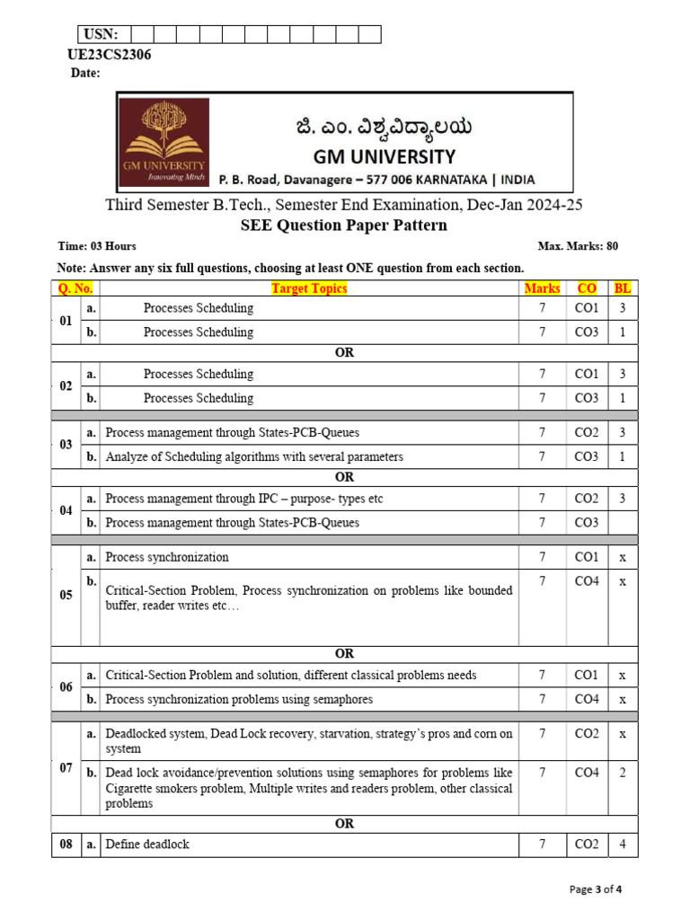 UE23CS2306_Question Paper Pattern_OS (2) | PDF | Computer Engineering | Computer Architecture