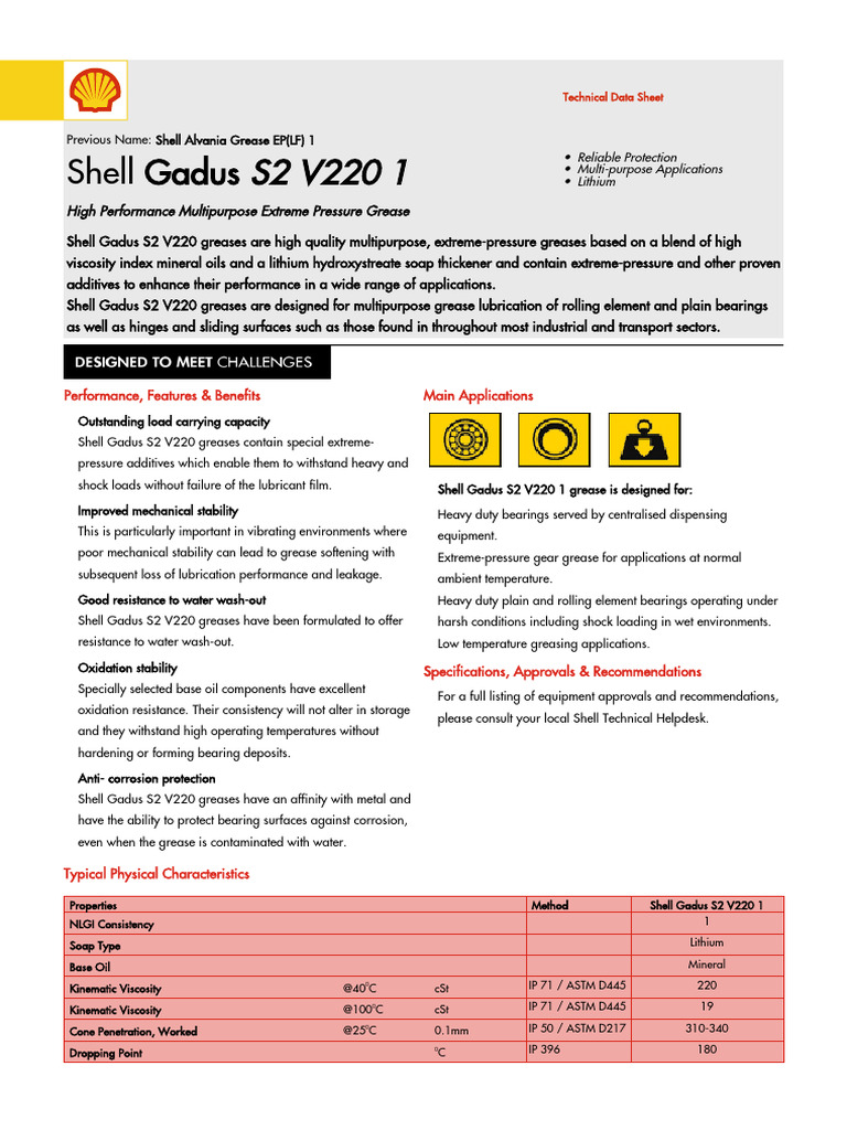 Shell Gadus s2 v220 1 Tds | PDF | Bearing (Mechanical) | Lubricant