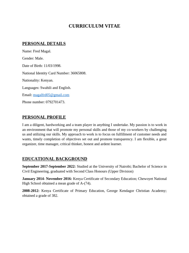 CV of Fred Magal: Civil Engineer | PDF
