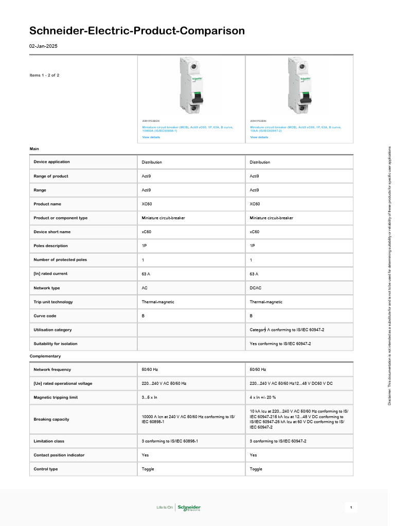 Acti9 xC60 MCB Specifications Comparison | PDF | Alternating Current ...