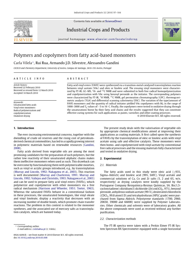 2010.Polymers and copolymers from fatty acid-based monomers | PDF | Copolymer | Polymers