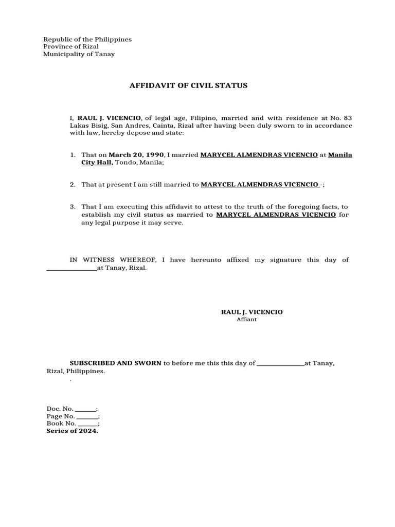 Affidavit of Civil Status in Rizal | PDF