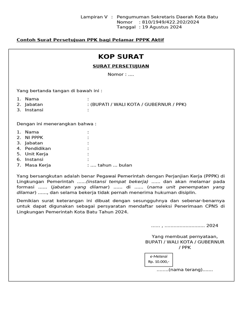 Lampiran V Contoh Surat Persetujuan PPK | PDF