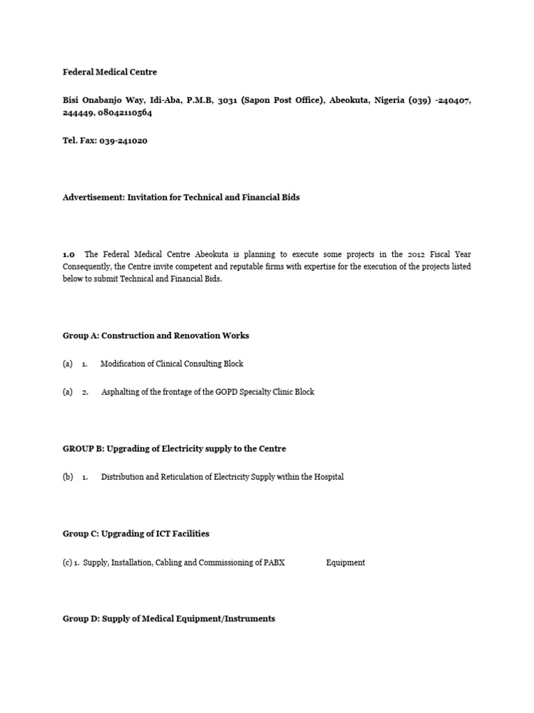 Invitation For Technical and Financial Bids at Federal Medical Centre ...