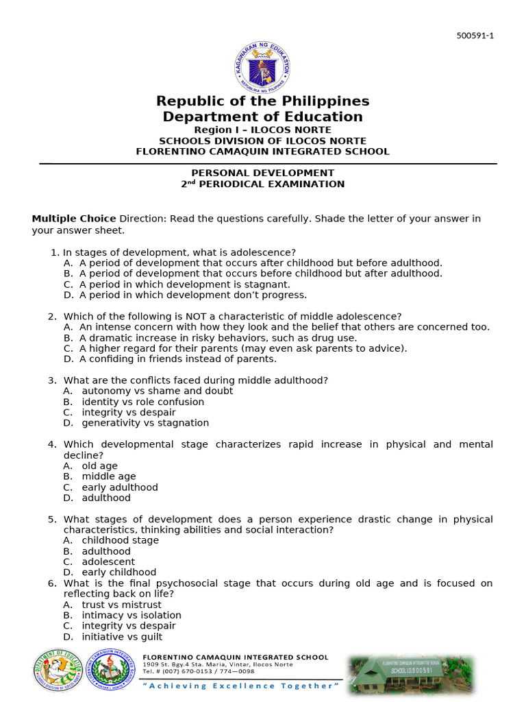 Personal Development Exam: Adolescence & Emotions | PDF | Intimate ...