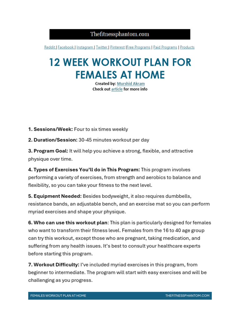 12 Week Womens Workout Routine at Home | PDF | Strength Training ...