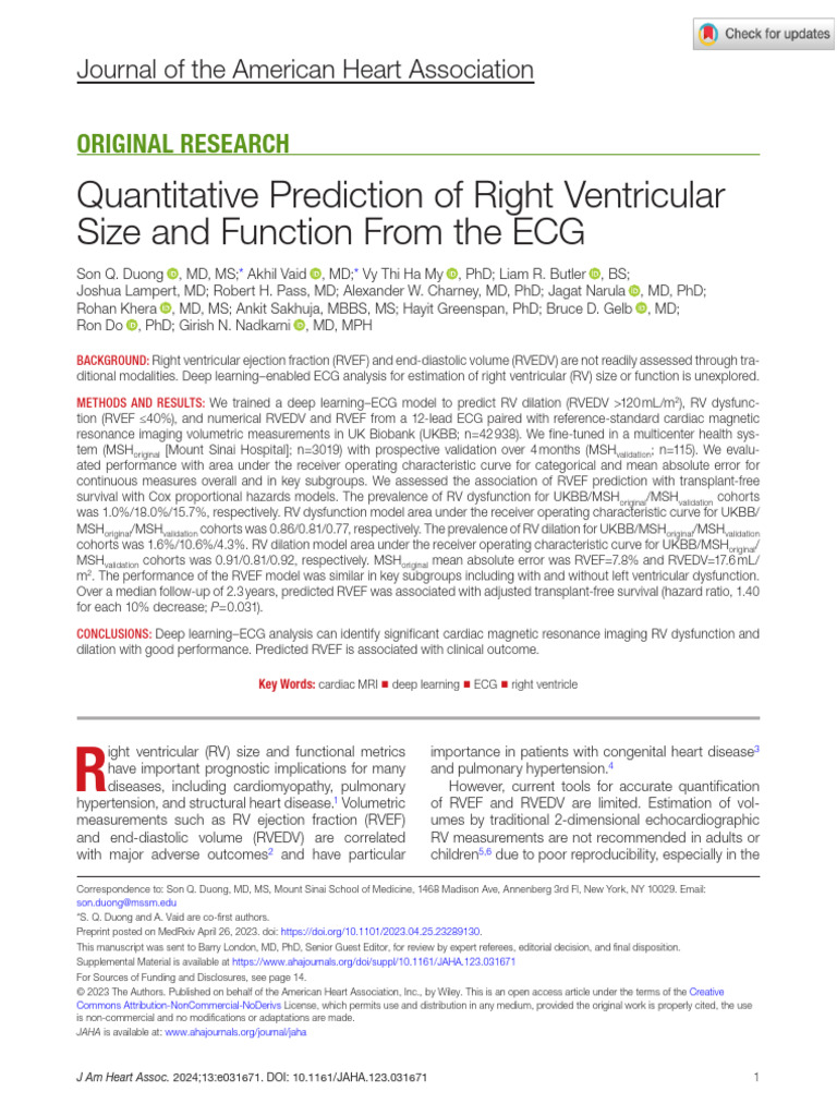 Duong Et Al 2023 Quantitative Prediction of Right Ventricular Size and Function From The Ecg ...